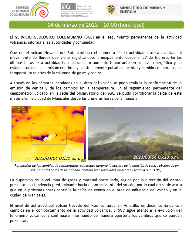 Emisión de ceniza en el volcán Nevado del Ruíz